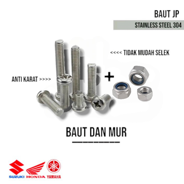 Jual )2PCS) MUR DAN BAUT JP M10 x 12 HEAD PLUS SS304 OBENG PLUS BAUT ...