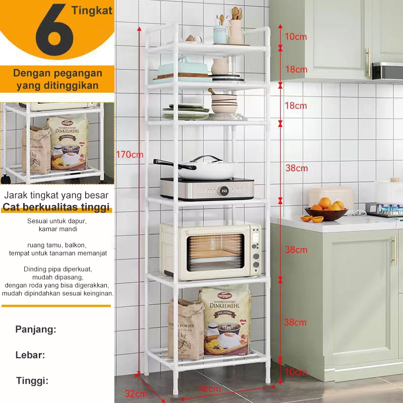 Jual Rak penyimpanan 6 Tingkat Dengan Roda Rak Dapur Microwave Kamar ...
