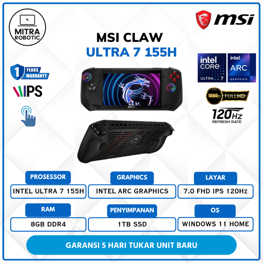 Jual MSI Claw A1M Intel Ultra 7 155H 16Gb 1Tb W11 7.0FHD 120Hz IPS ...
