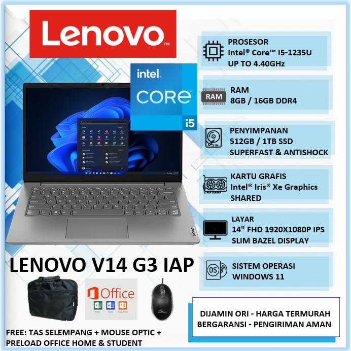 Jual Laptop Lenovo V14 G3 IAP Intel i5 1235U 16GB 1TB SSD 14" FHD IPS ...