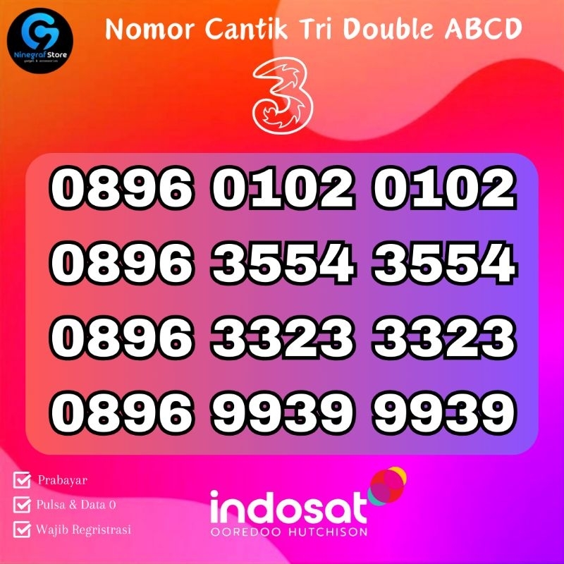 Jual Nomor Cantik Tri Double ABCD Prabayar #01 | Shopee Indonesia
