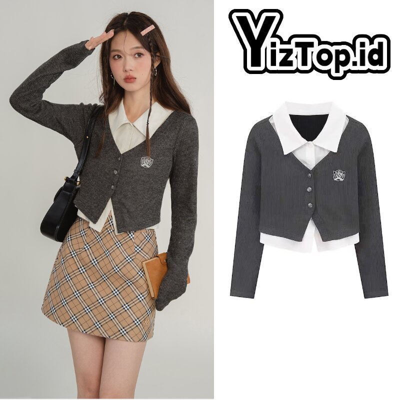 Jual Yiztop - Blouse Korean Style Wanita Lengan Panjang Crop Knit Top Atasan Wanita Rajutan Dua ...