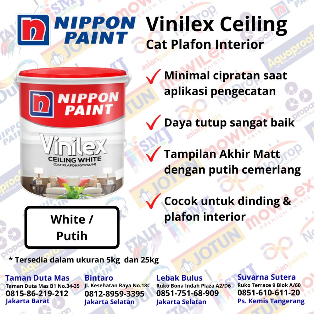 Jual CAT PLAFON GYPSUM GRC VINILEX CEILING WHITE 5 KG NIPPON PAINT | Shopee Indonesia