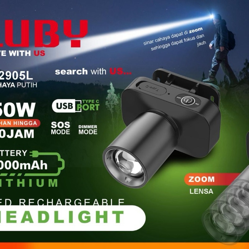 Jual L-2905L Senter Kepala Zoom 50W LUBY L 2905L Cahaya Maksimal Plus RechargePro dengan USB-C ...
