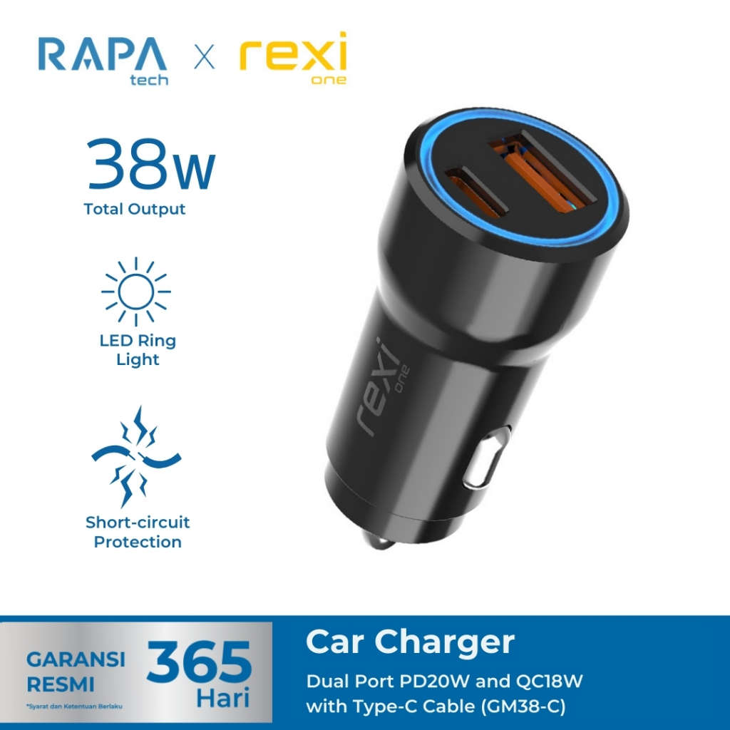 Jual RAPAtech X rexione GM38-C Car Charger Dual Port PD 20W and QC 18W ...