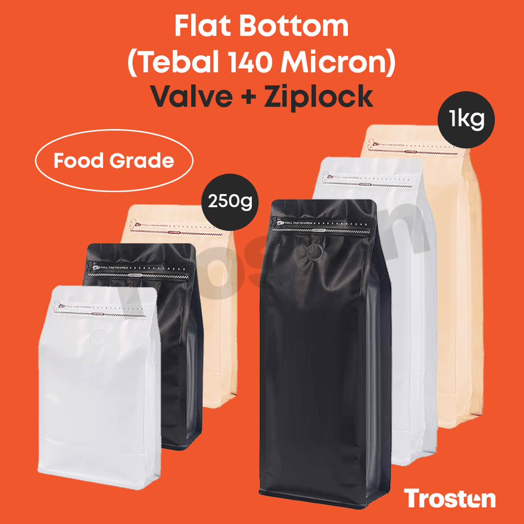 Jual Trosten Kemasan Kopi - Coffee Flat Bottom + Valve + Zipper 250 gram 1 kg dengan Alumunium ...