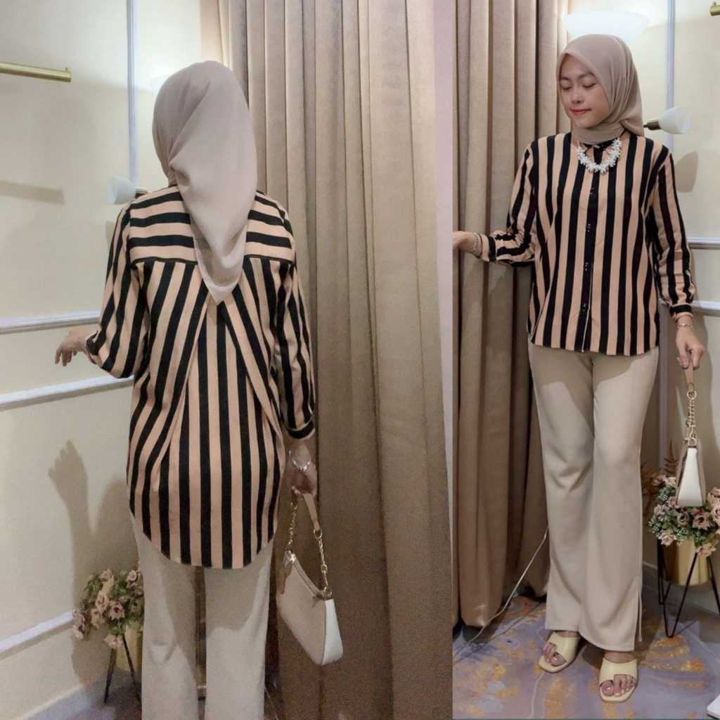 Jual Kemeja Wanita Salur Rayon ZR Stripe Silang Belakang Jumbo LD 120 Atasan Wanita Oversize ...