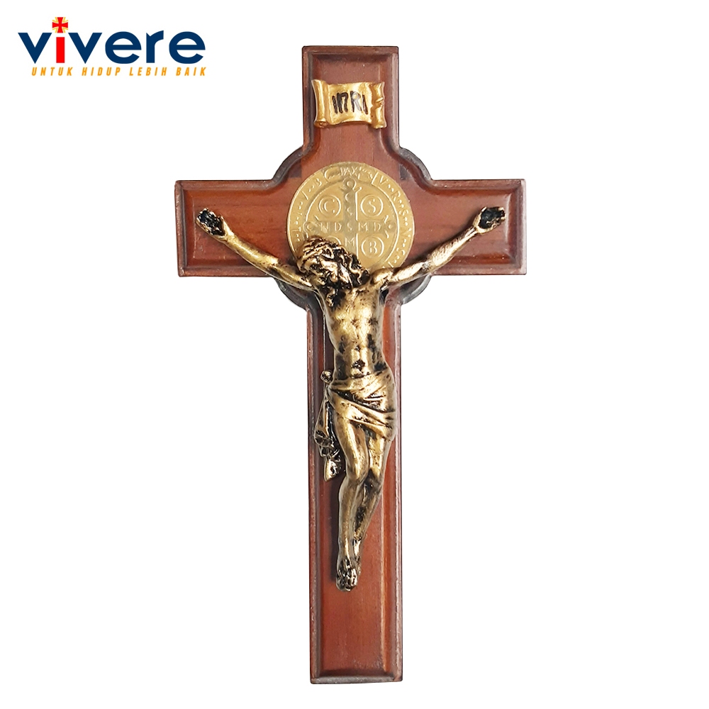 Jual Salib Yesus Kayu Jati Plus Medali St. Benedictus 20 cm Gantung ...