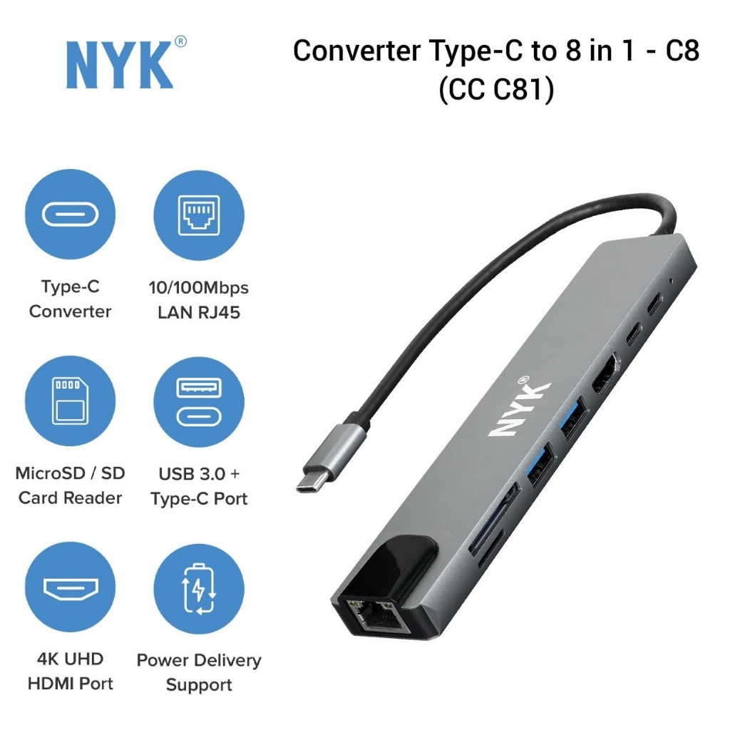 Jual NYK Converter 8 in 1 Type C to Hub USB Lan HDTV Card Reader C8 ...