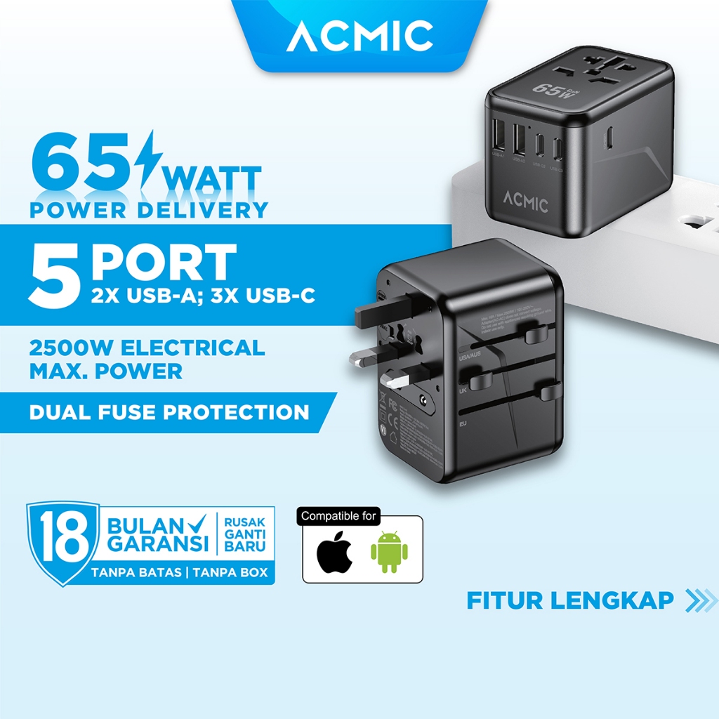 Jual ACMIC TAC65 Travel Adapter Universal GaN 65watt Adaptor Fast ...