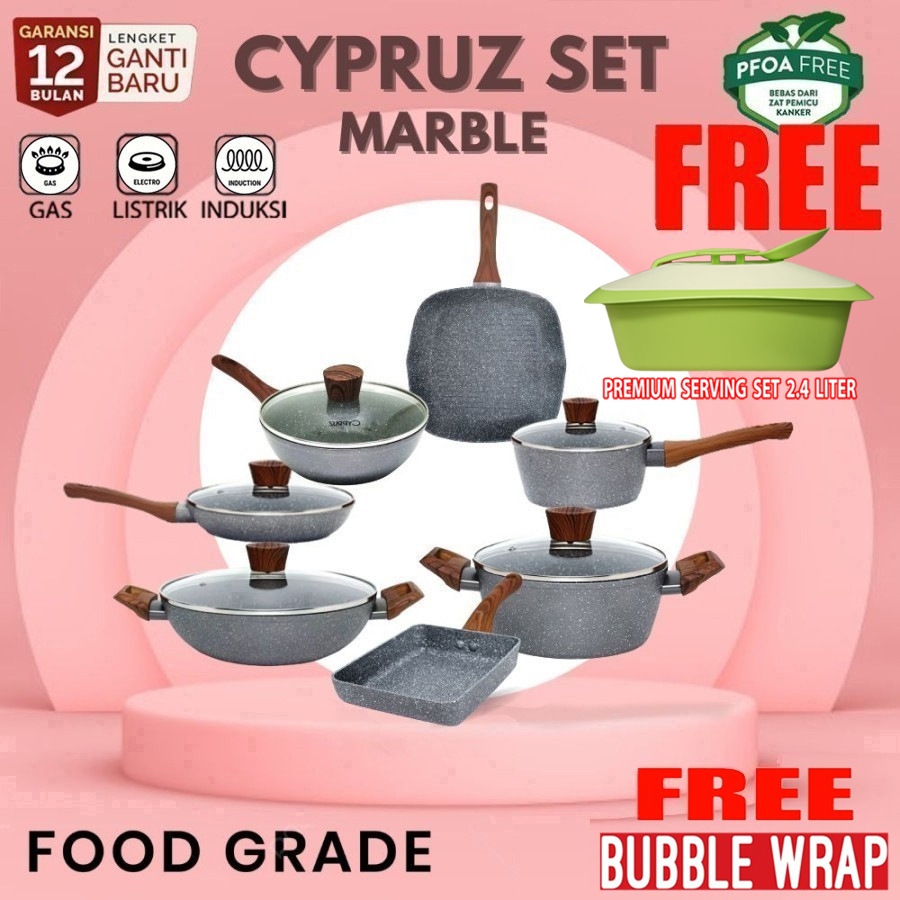 Jual Cypruz Set Fry Wok Sauce Pan Induksi Cyprus Marble Cookware 7 Pcs Panci Wajan Kuali Anti ...