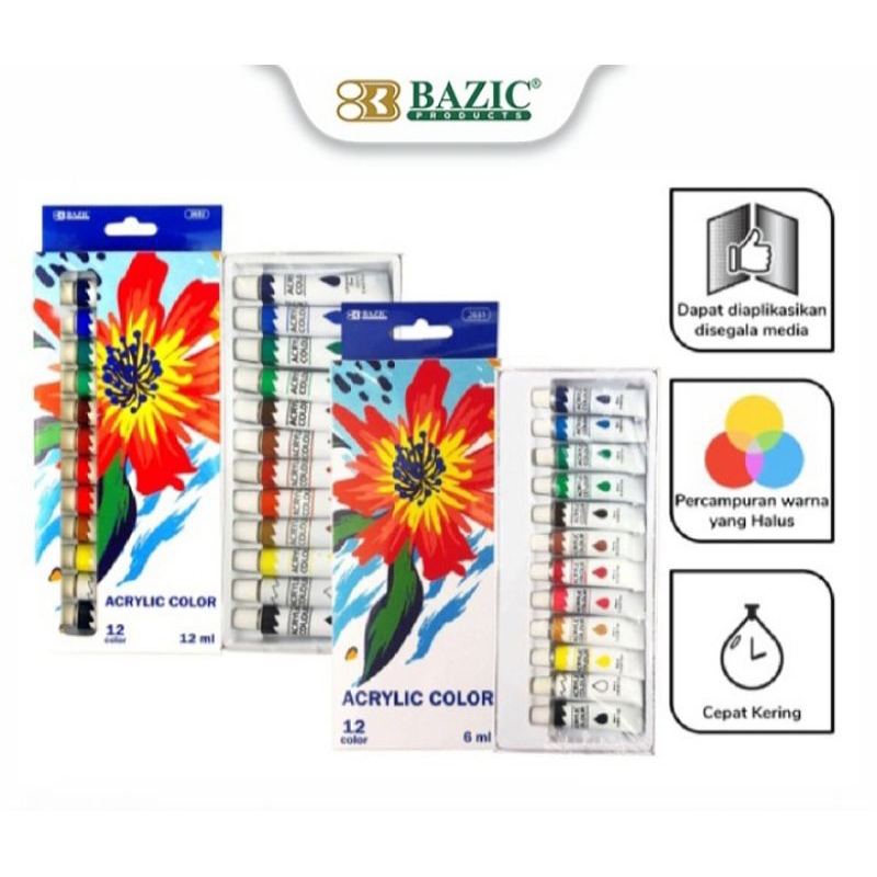 Jual Bazic 2632 - Cat Lukis Acrylic serbaguna 12 warna | Shopee Indonesia