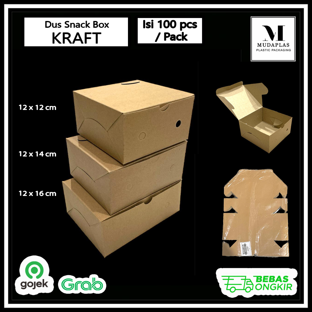 Jual Dus Snack Box Kraft Coklat Polos Ukuran 12x12 12x14 12x16 isi 100 ...