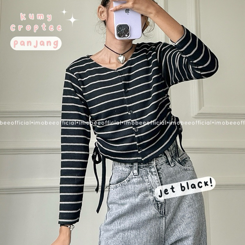 Jual [PANJANG] KUMY CROPTEE SWEATER STRIPE GARIS // CROPTOP SERUT TALI ...