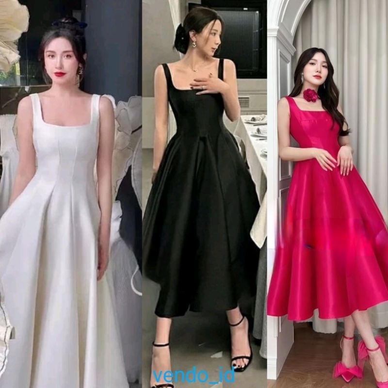 Jual dress tube square neck flare black midi white gown cl gaun party ...