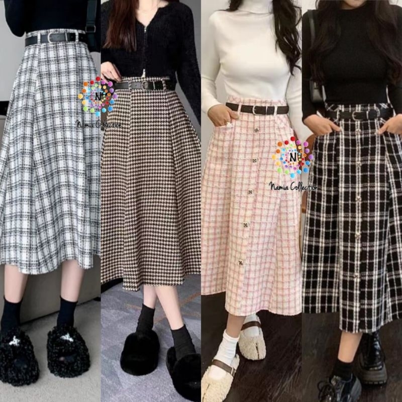 Jual ROK TWEED MIDI IMPORT PREMIUM MOTIF TARTAN HOUNDSTOOD PANJANG 7/8 ...