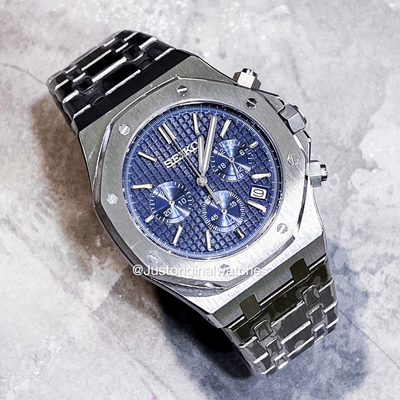 Jual Seiko Mod Royal Oak Chronograph VK63 Sapphire Crystal Blue Dial ...