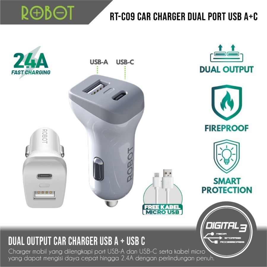 Jual Robot RT-C09 Car Charger Mobil Dual Port USB A dan Type-C 2.4A ...