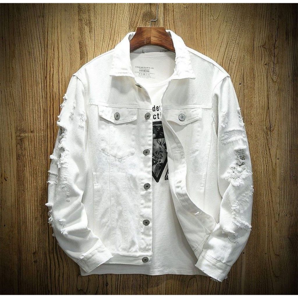 Jual MAMIMA-jaket jeans denim pria sobek-sobek polos putih atasan cowok ...