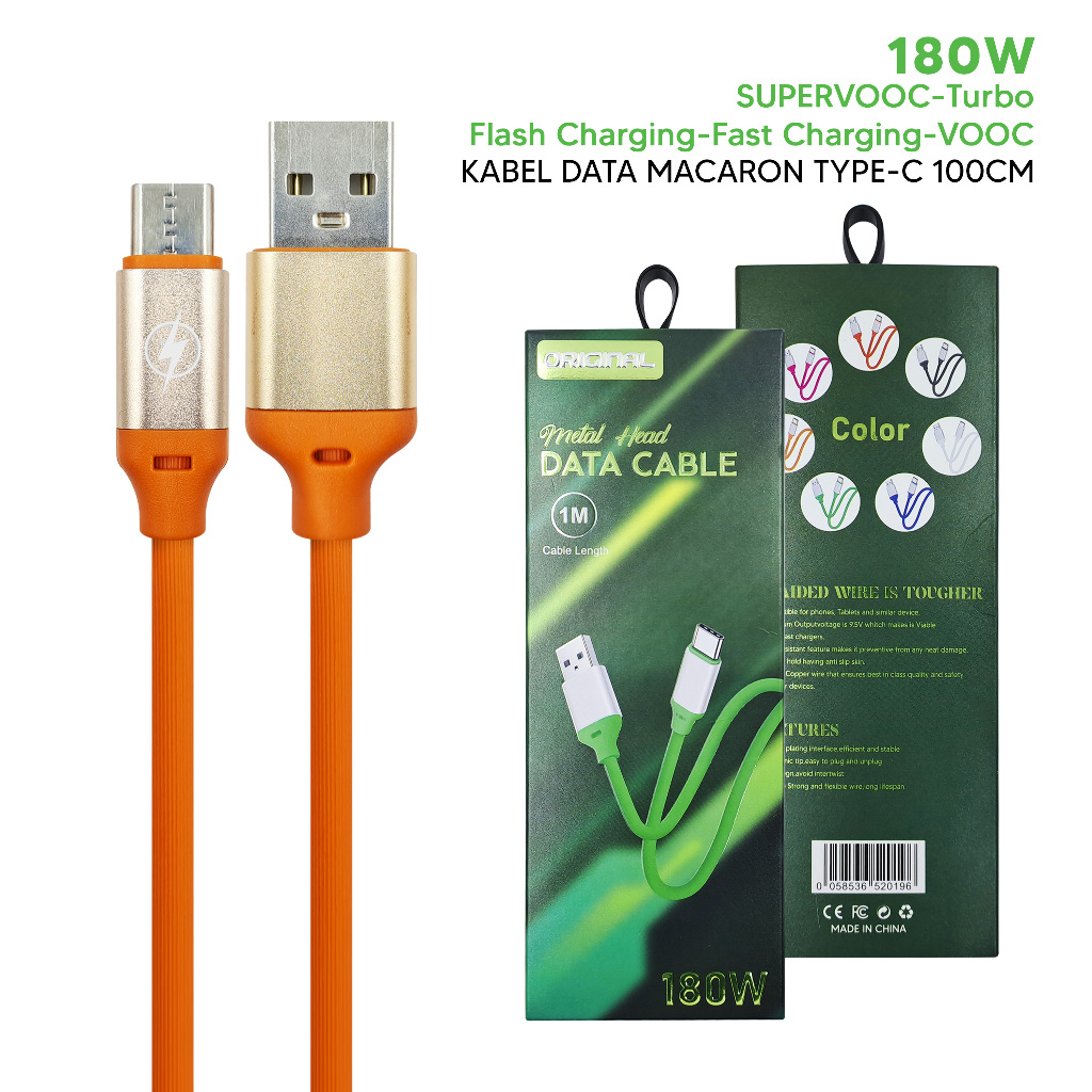Jual KABEL DATA MACARON TYPE-C FAST CHARGING 180W COLOKAN TYPE-C 100CM ...