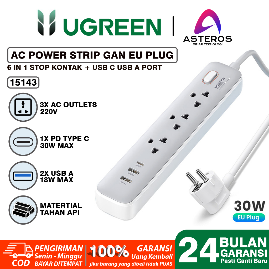 Jual UGREEN GAN Power Strip 6 IN 1 Stop Kontak Adapter 30W 3 Plug USB C ...