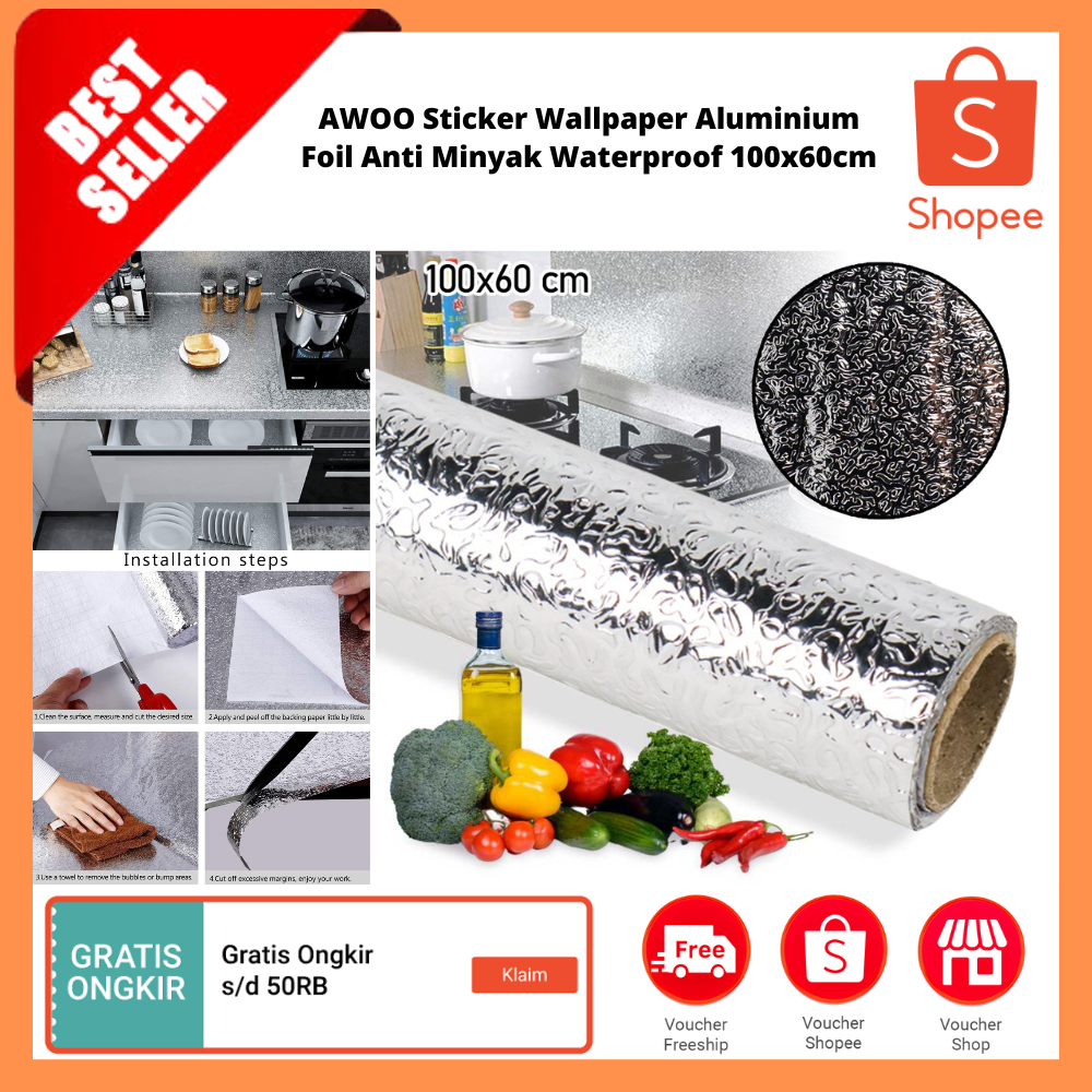 Jual Sticker Wallpaper Aluminium Foil Anti Minyak Waterproof 100x60cm ...