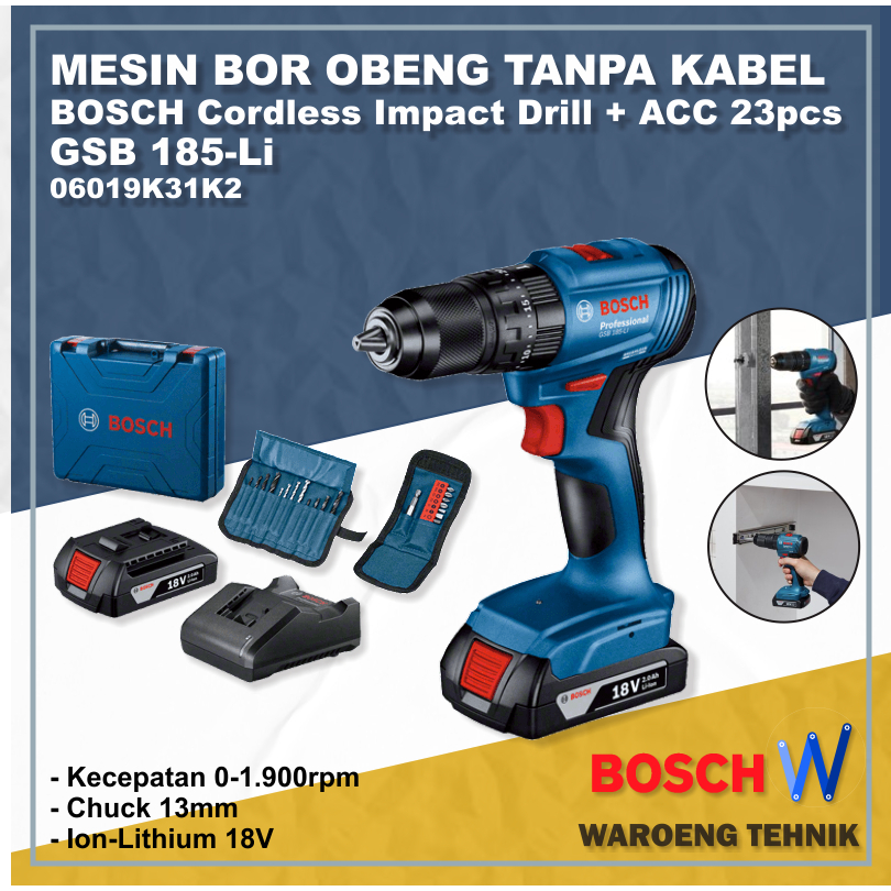 Jual Mesin Bor dan Obeng Tanpa Kabel BOSCH GSB 185-Li Combi Cordless Impact Drill 2batt (Acc Kit ...