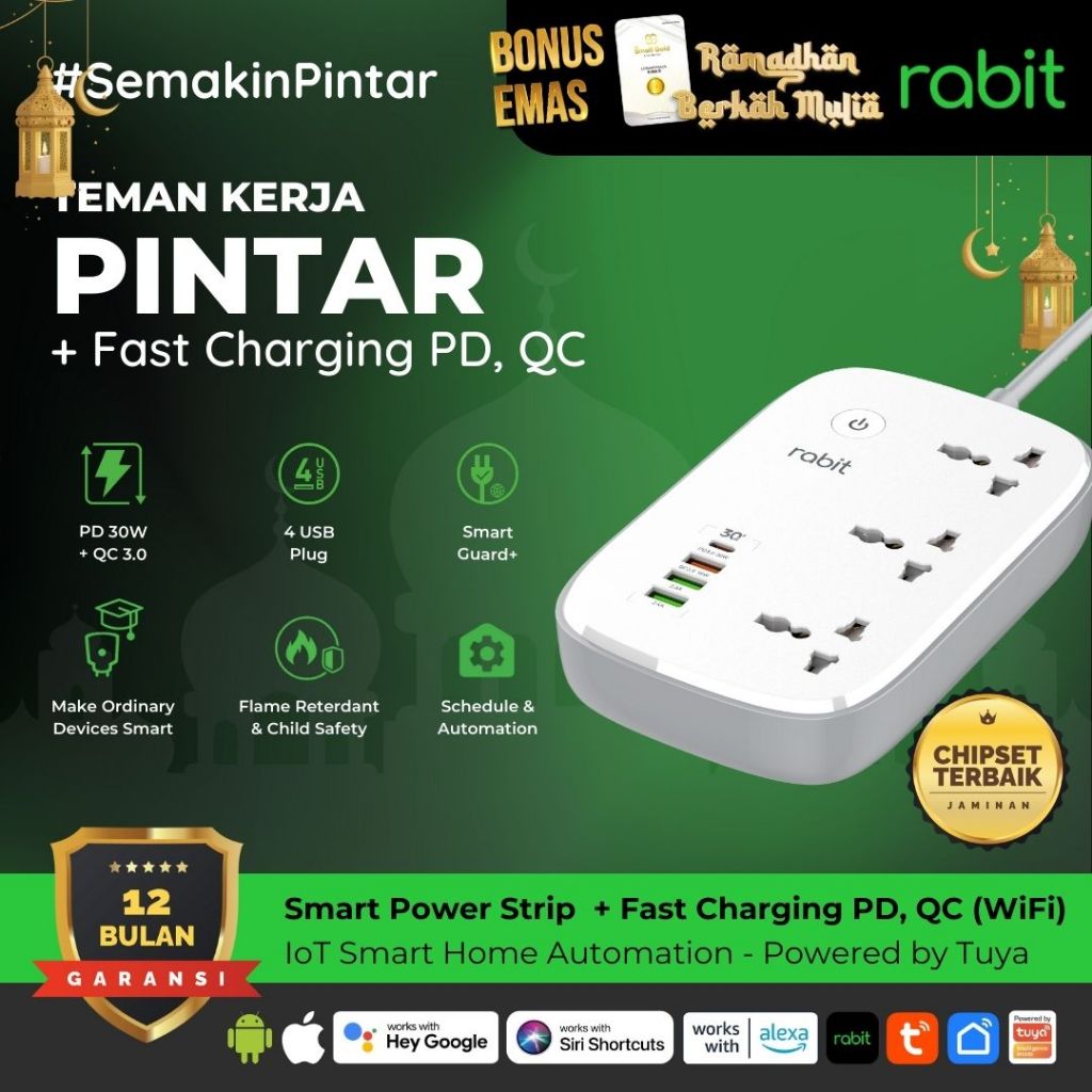 Jual Rabit Smart Extension Wifi Power Strip Stop Kontak 3 Universal Colokan + 4 USB Fast ...
