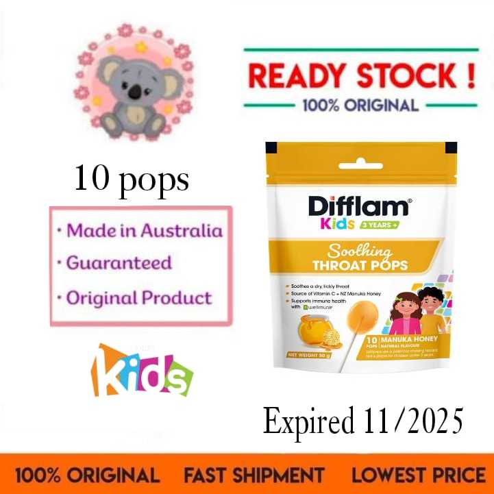 Jual Difflam kids Soothing Throat Pops Manuka Honey 10 pack untuk anak ...