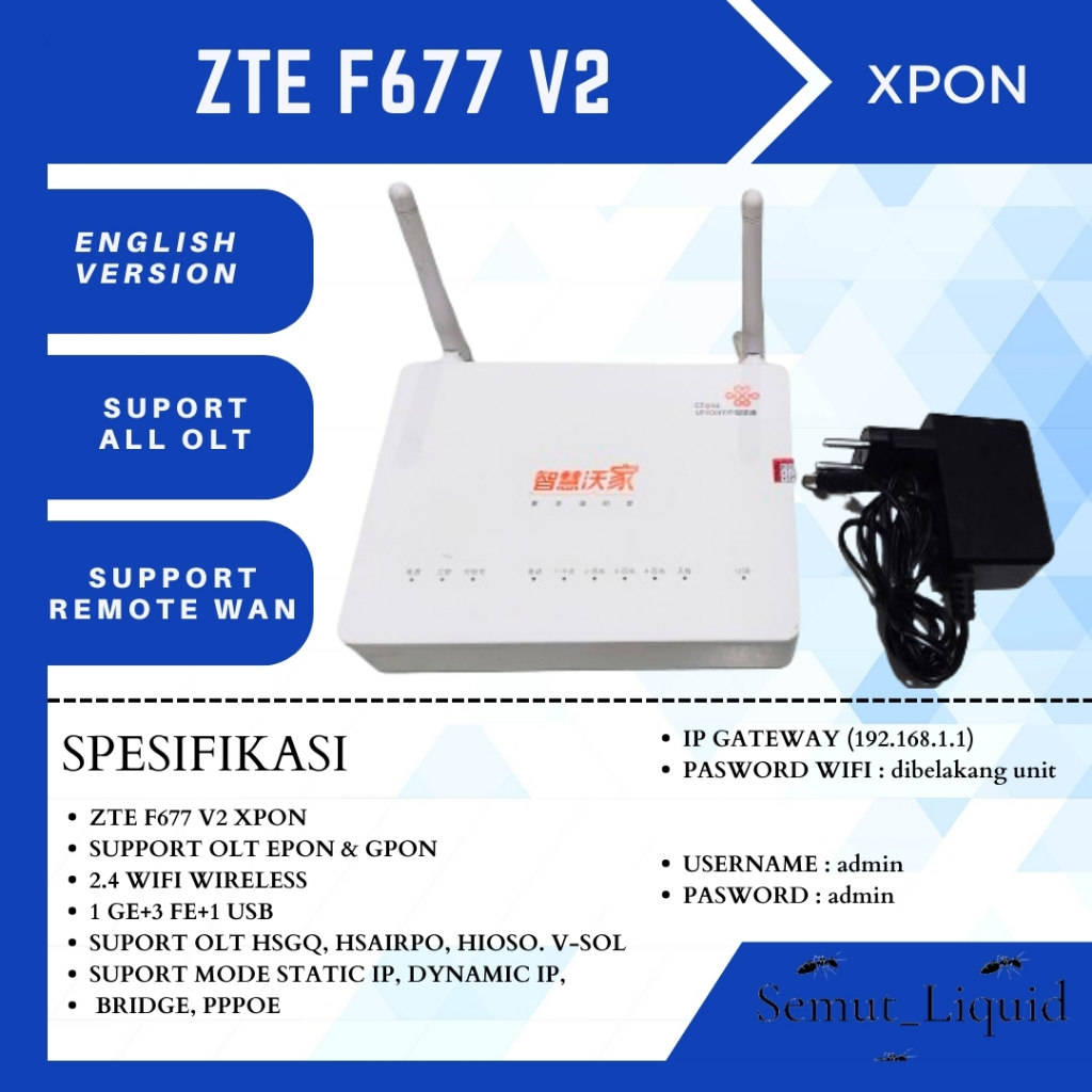 Jual MODEM ONU XPON ZTE F677 v2 Grade A casing kecil Plus adaptor STB/ont Second , bukan F477 v2 ...