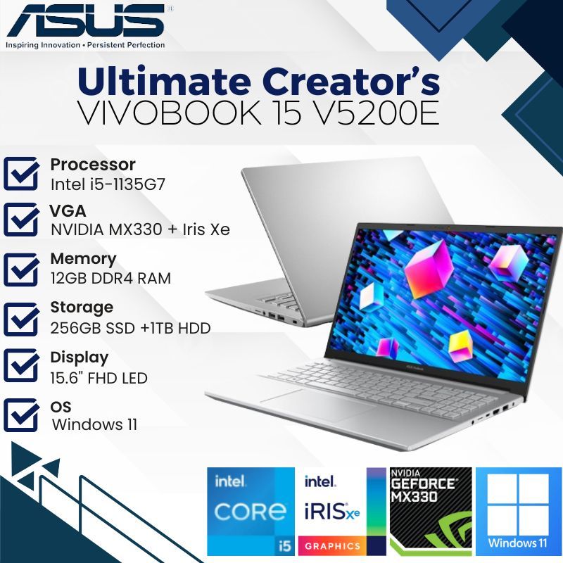 Jual Laptop Asus VivoBook 15 V5200E i5-1135G7 12GB 256GB SSD + 1TB HDD ...