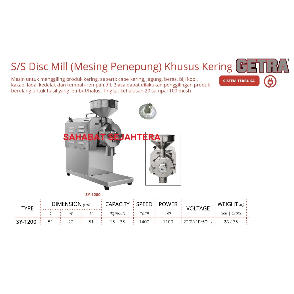 Jual GETRA S/s Disc Mill Mesing Penepung SY-1200 Mesin Untuk ...