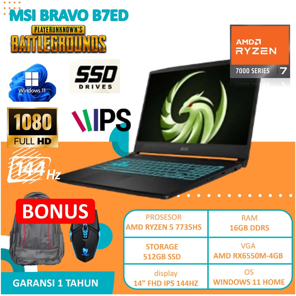 Jual Laptop Gaming MSI BRAVO B7ED Amd Ryzen 7 7735HS 16GB 512GB RX6550M ...