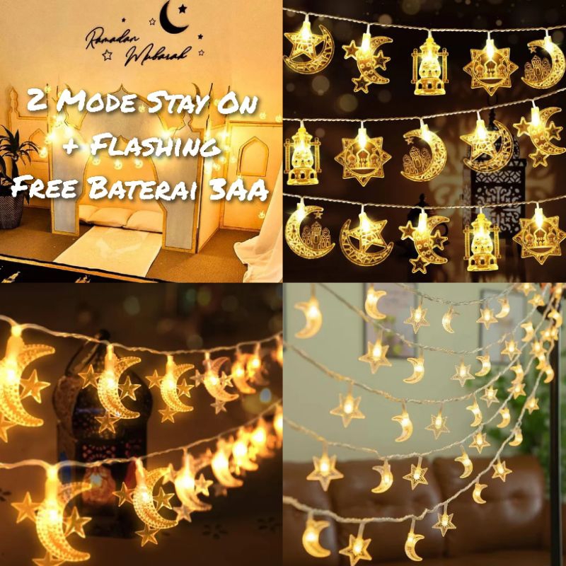 Jual 3M 20LED Lampu String LED Lampu Tirai Bulan Bintang Dekor Idul ...