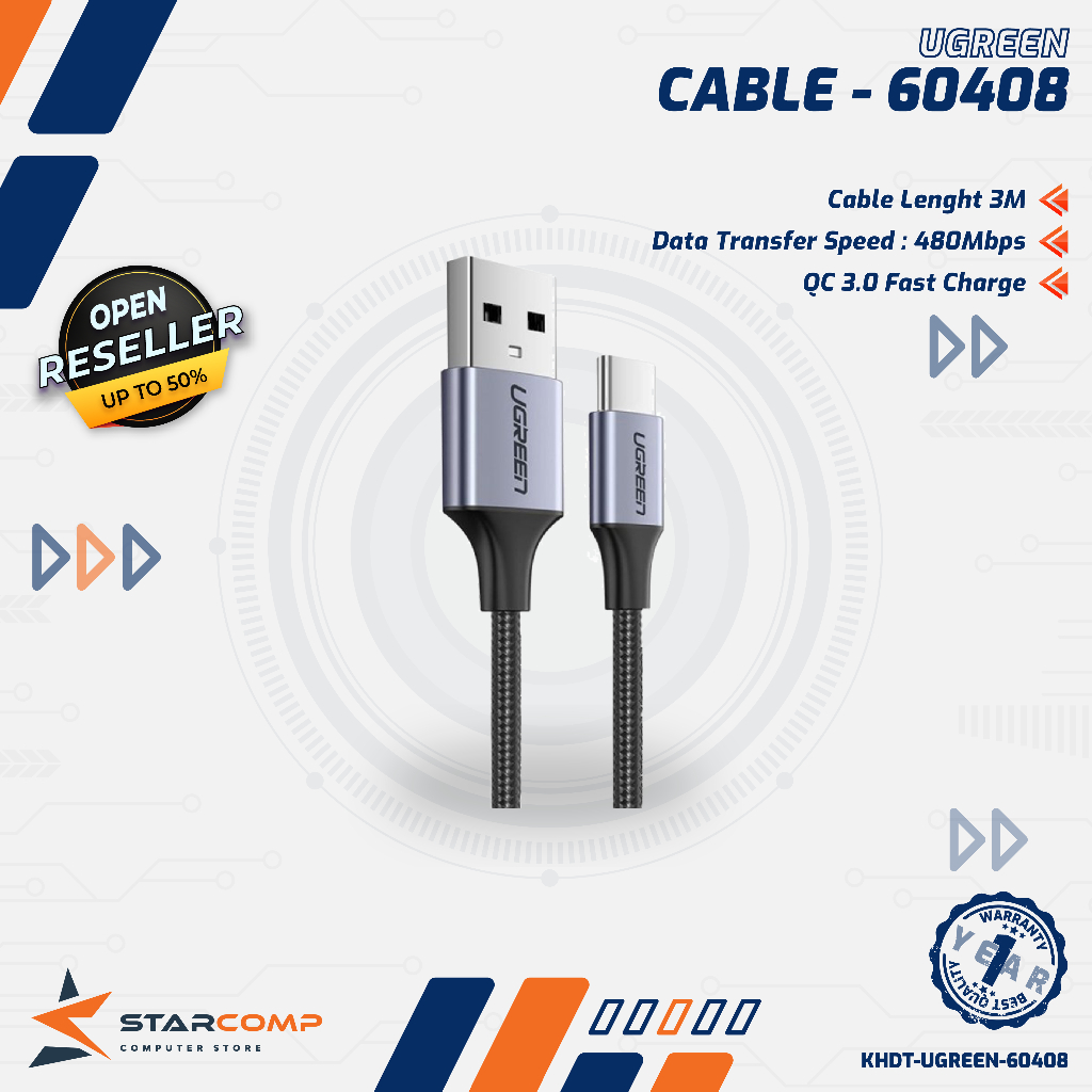 Jual UGREEN 60408 Kabel USB Type C 3M Data Cable Fast Charging Charger ...