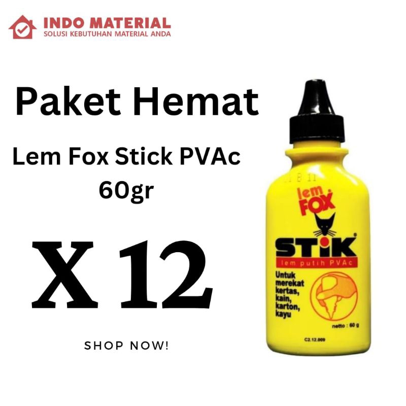 Jual Paket Hemat Lem Fox stik PVAC 60 gr Satu Lusin | Lem Kertas ATK | Shopee Indonesia