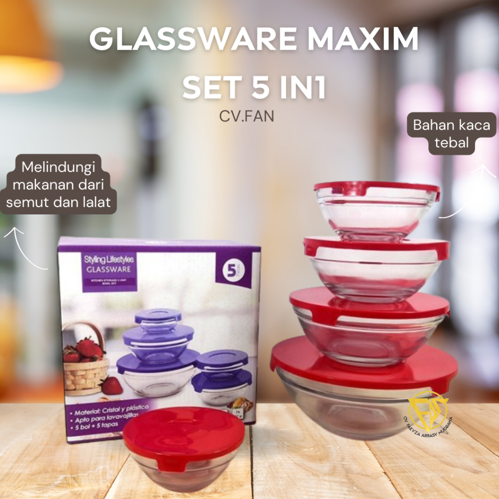 Jual GLASSWARE MAXIM BULAT Glass Bowl Set 5 in1 - Mangkok Kaca Tebal ...