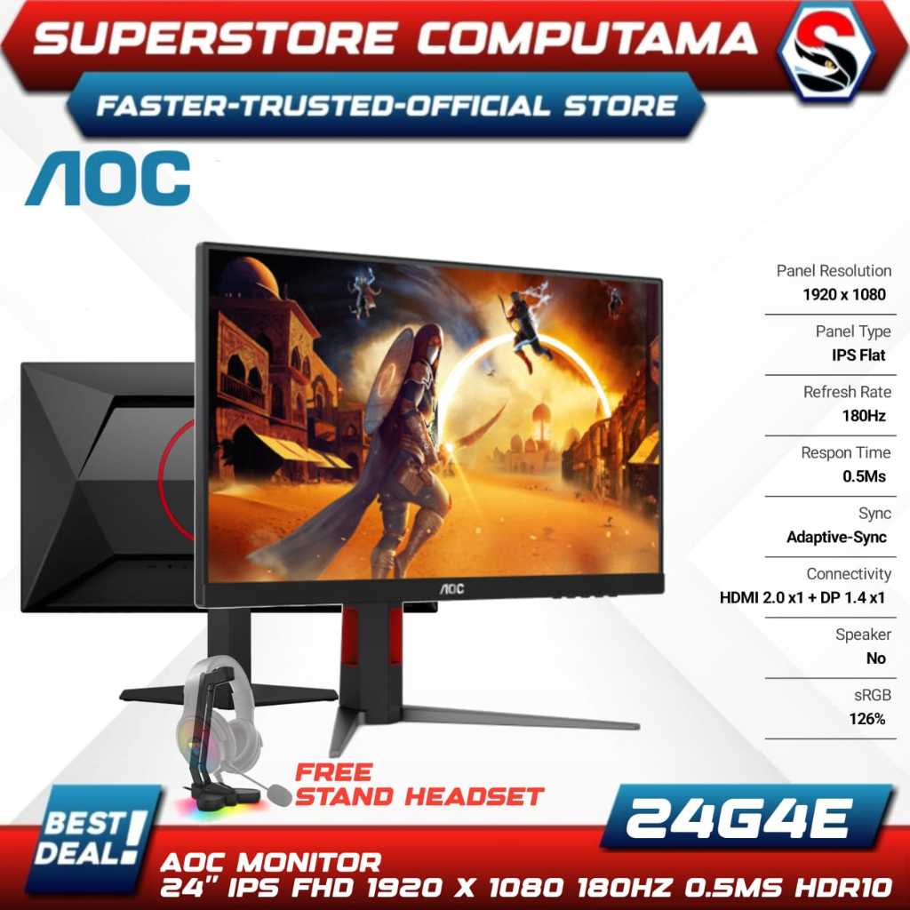 Jual Monitor LED AOC 24G4E 24" IPS 1080p FHD 180Hz 0.5Ms HDR10 HDMI DP ...