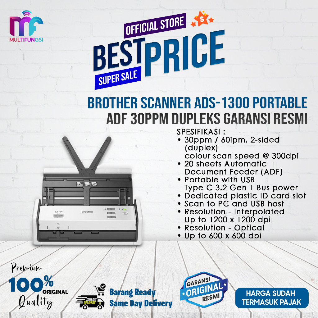 Jual Brother Scanner ADS-1300 Portable ADF 30ppm Dupleks Garansi Resmi ...
