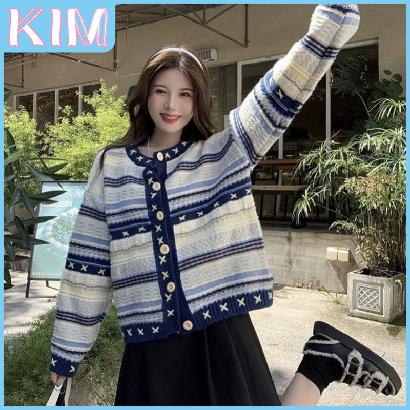 Jual KIM Cardigan Rajut Premium Biru Knit Sweater Rajut Korea Cardigan Rajut Motif Stripe ...