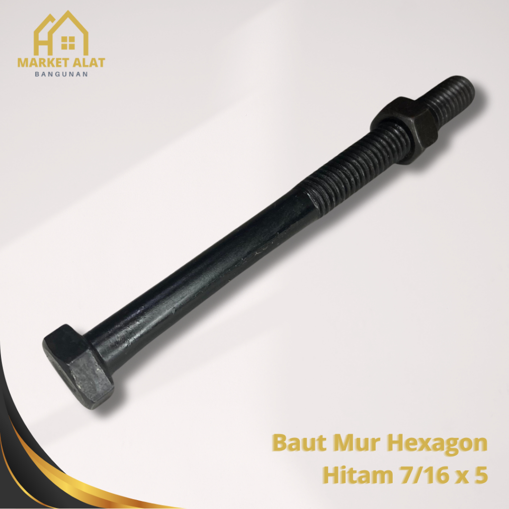 Jual Baut Mur Hexagon Hitam 7/16" x 5" (Kunci 17) / Baut Kasar Panjang ...