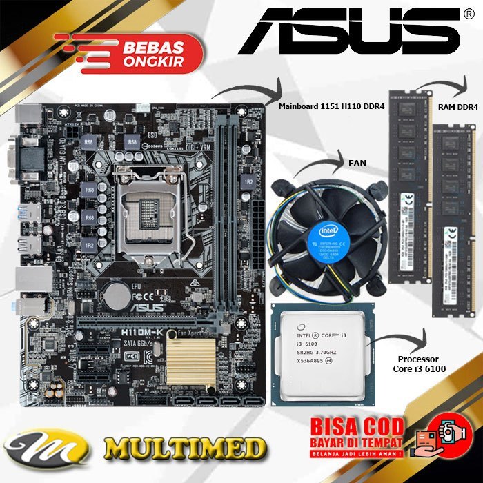 Jual Paket Motherboard H110 LGA 1151 DDR4 + Core I3 6100 + Fan + RAM | Shopee Indonesia