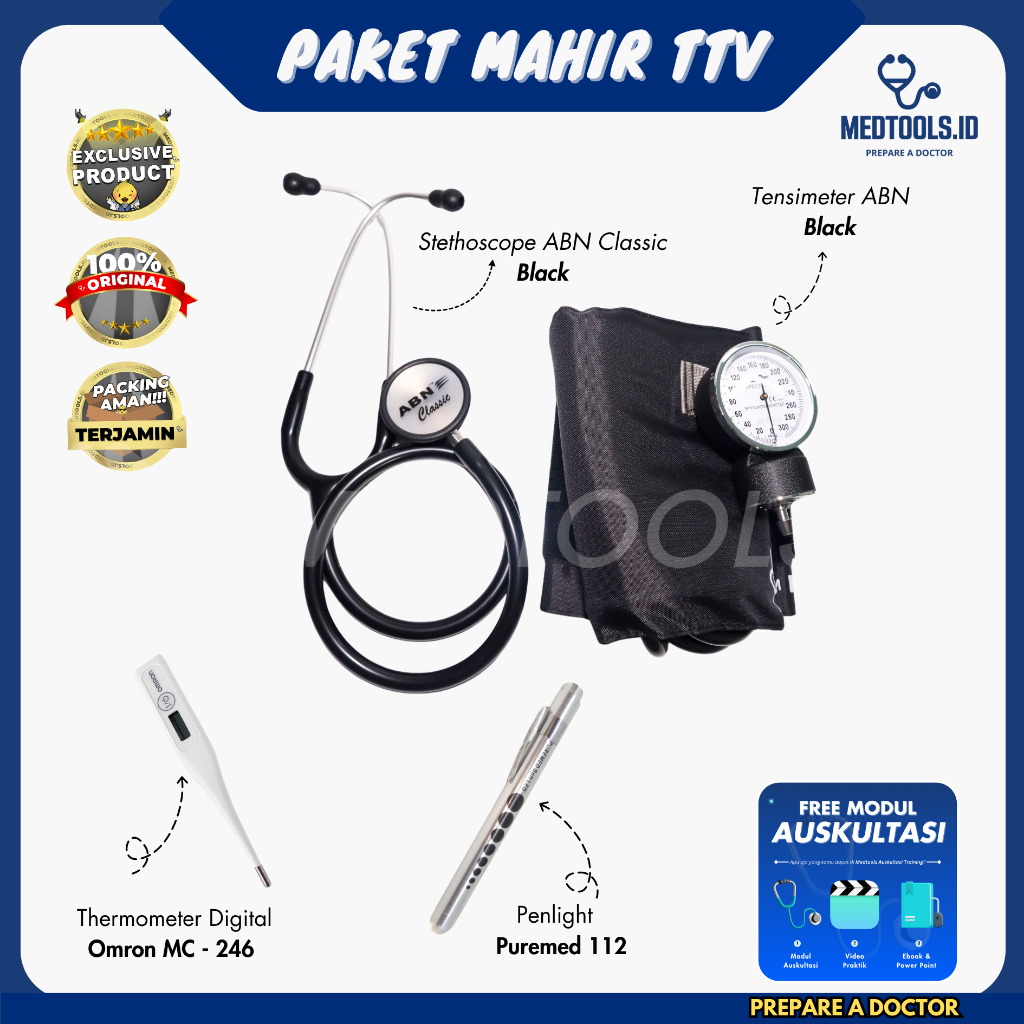 Jual Paket Mahir TTV / Alat Pemeriksaan Fisik [Stetoskop ABN + Tensimeter Manual + Penlight ...