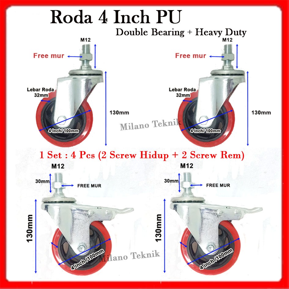 Jual Roda 4 inchi PU (1set:4pcs 2SHidup+2SHrem)+Double bearing Troli ...