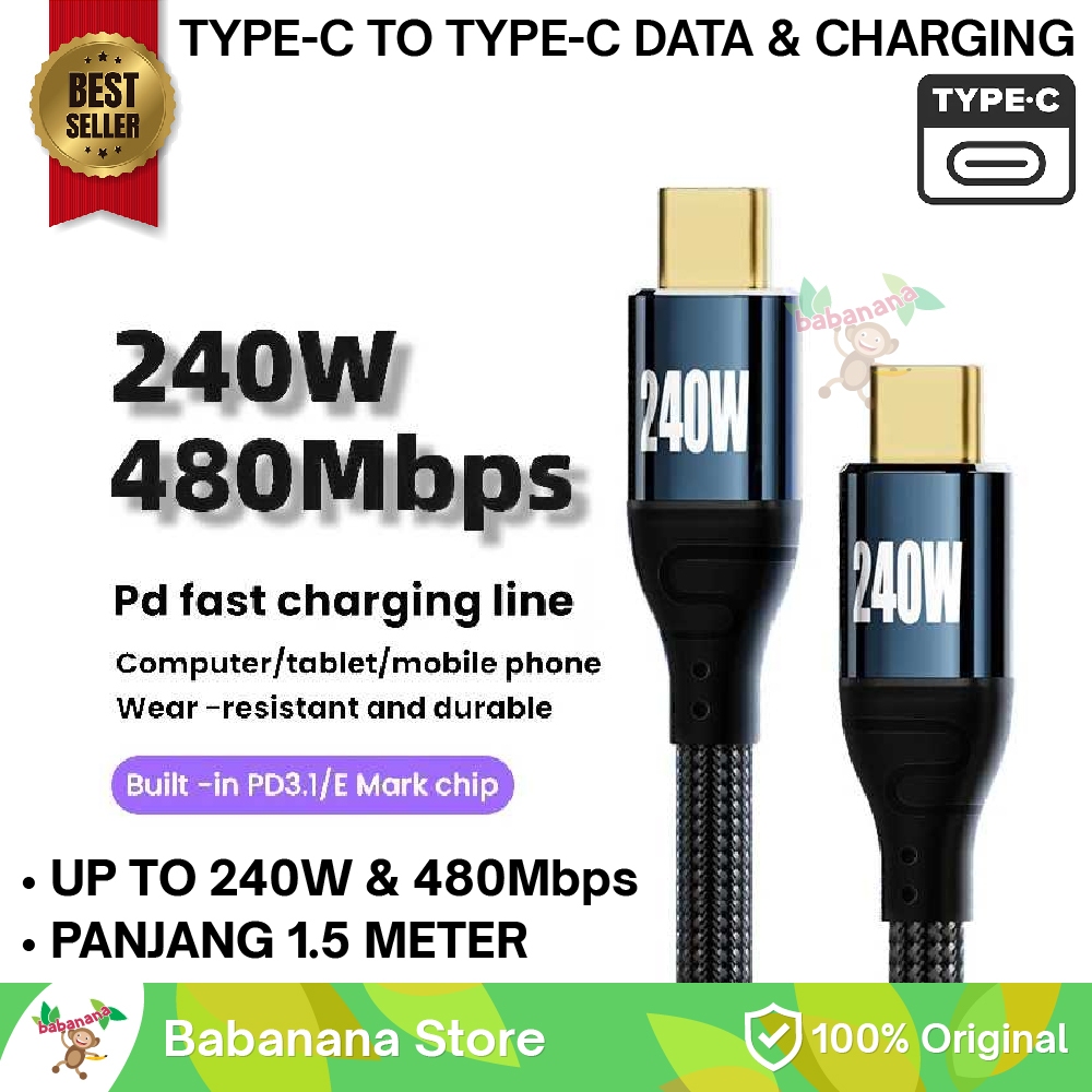 Jual KABEL DATA TYPE-C 240WATT 480Mbps CABLE FOR TYPE C 1.5M 48V 5A ...