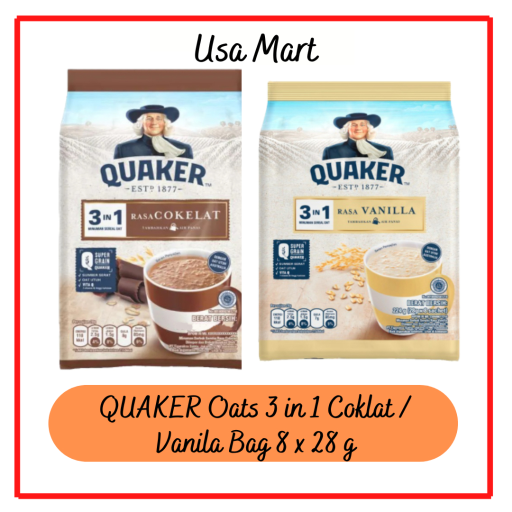Jual Quaker 3in1 Chocolate / Vanilla Polybag 224g Minuman Sereal Oats (Isi 8 sachet) | Shopee ...
