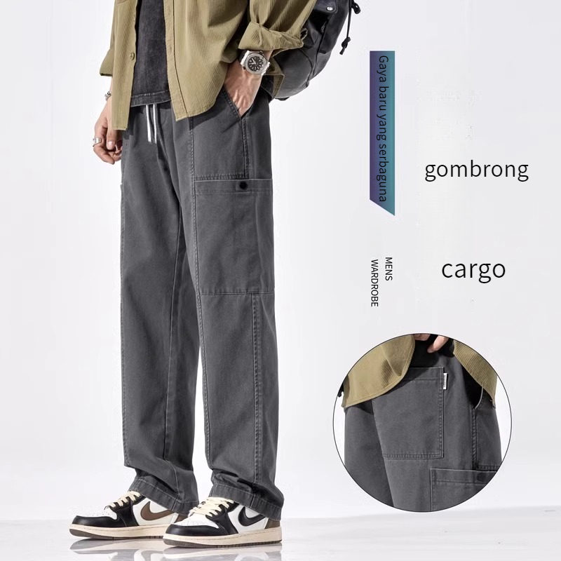 Jual celana cargo panjang pria gombrong cowok casual abu standar original korean style loose ...
