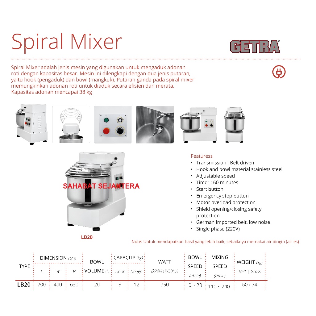 Jual GETRA Spiral Mixer LB20 Mesin Pengaduk Adonan 20L | Shopee Indonesia