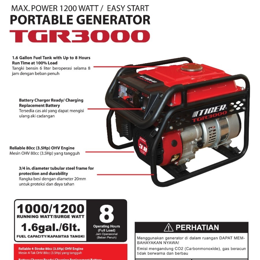 Jual Mesin Genset/Gasoline Generator Merk Tiger TGR3000 (Output 1200W ...