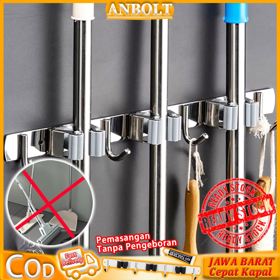 Jual 𝑨𝑵𝑩𝑶𝑳𝑻 Gantungan Sapu Pel Stainless Steel Rak Pel 5 Kait 4 ...